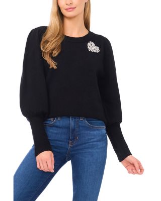 CeCe Womens Crewneck Heart Applique Sweater - Rich Black