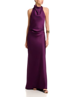 Click here for Aqua Long Double Face Satin Halter Gown - Exclusiv... prices