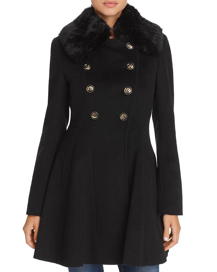 Via Spiga Double-Breasted Faux Fur-Trim Coat | Bloomingdale's