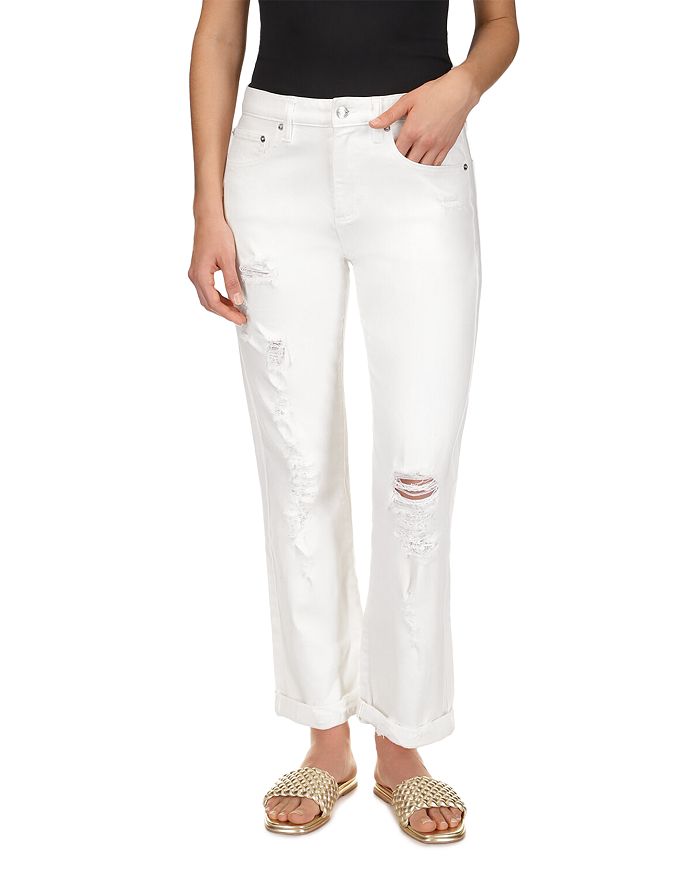 MICHAEL Michael Kors High Rise Distressed Bootcut Jeans in Bone ...