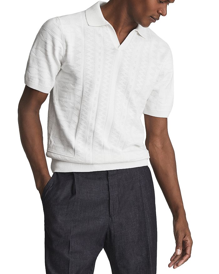 REISS Flow Cotton Geo Sweater Knit Regular Fit Open Collar Polo Shirt ...