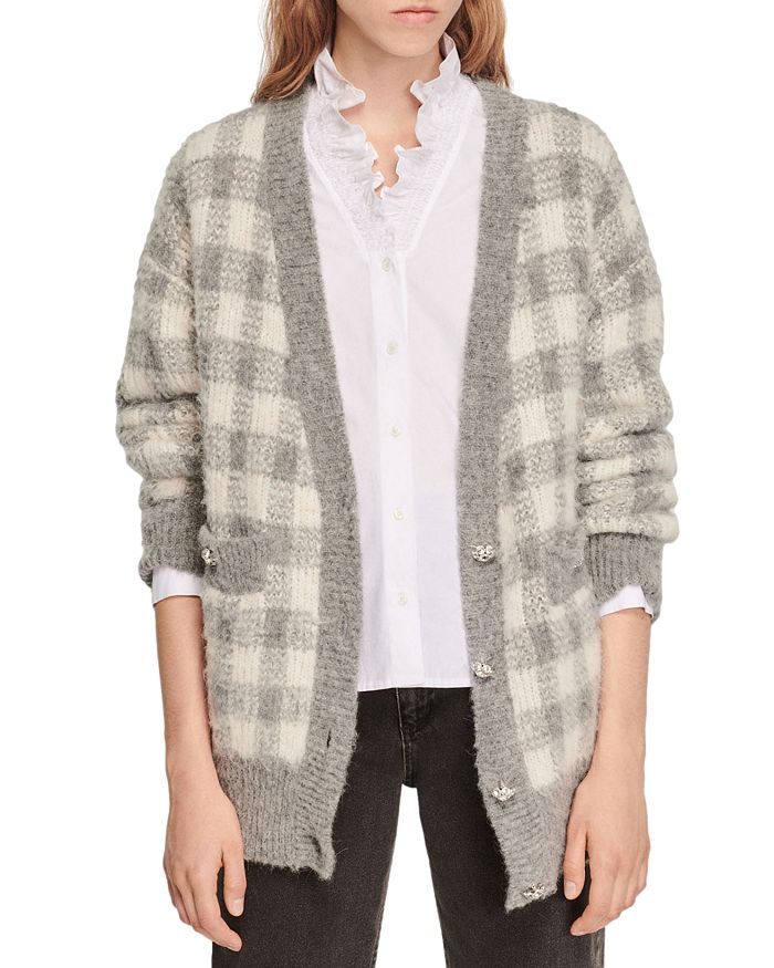 Sandro Ontario Check Button Front Cardigan | Bloomingdale's