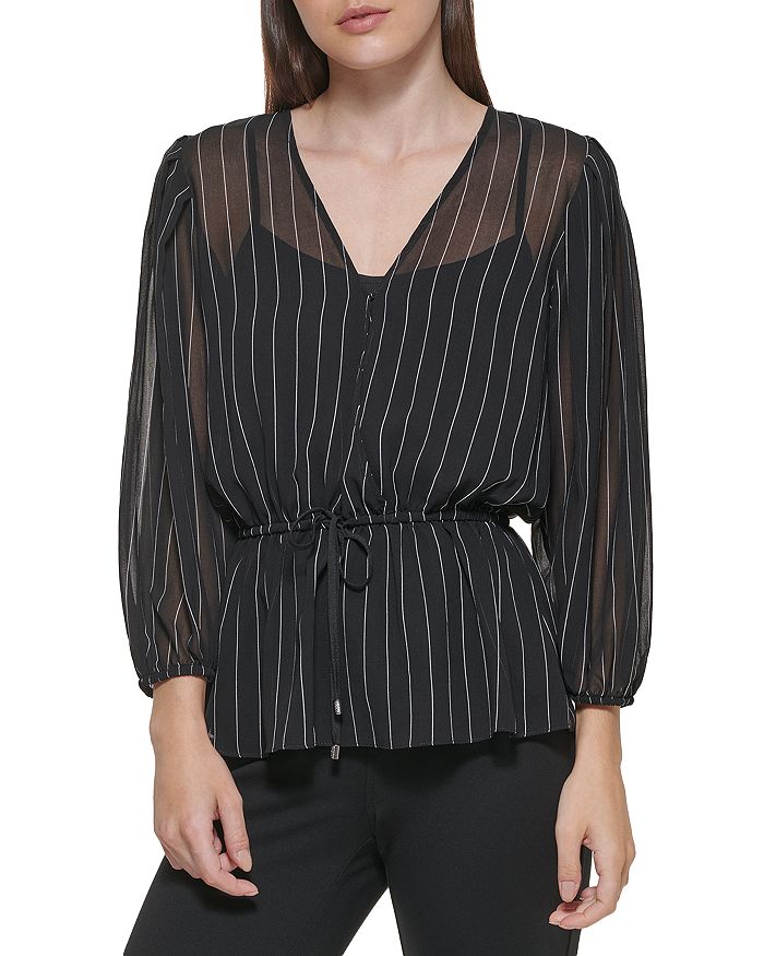 DKNY Sheer Striped Drawstring Waist Top | Bloomingdale's