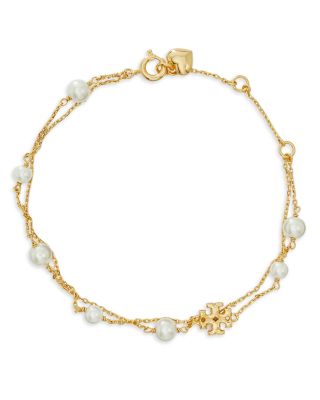 Tory Burch Kira Cultured Freshwater Pearl Logo Double Row Bracelet in 18K Gold Plated Bloomingdale s