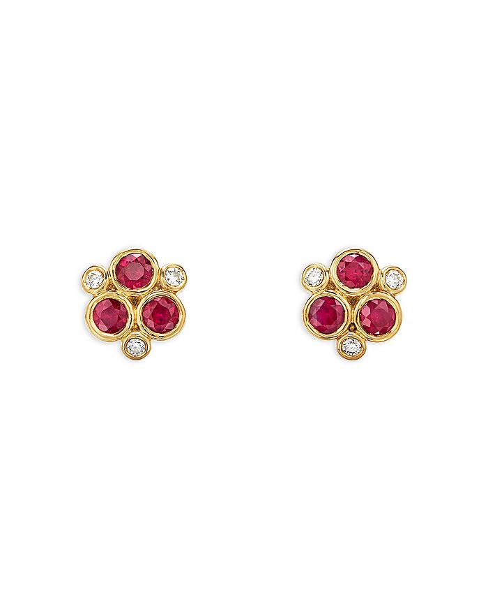 Temple St. Clair 18K Yellow Gold FJ Ruby & Diamond Bezel Cluster Stud ...