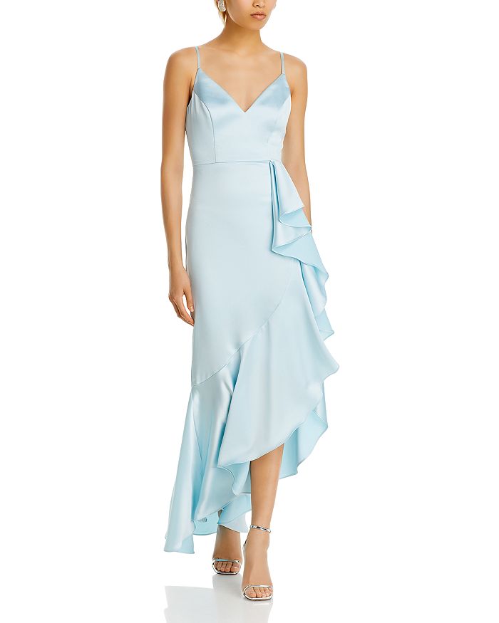 AQUA Satin Side Ruffle Midi Dress - 100% Exclusive | Bloomingdale's