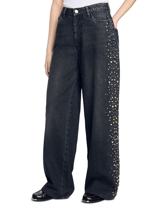 Sandro Rock High Rise Wide Leg Jeans in Black | Bloomingdale's
