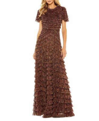 Mac Duggal Womens Ruffle Tiered High Neck Dress - Brown multi