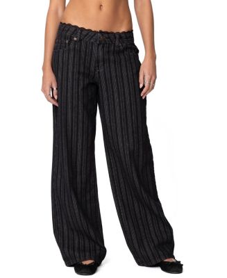 Edikted Lace Trim Striped Low Rise Jeans in Black | Bloomingdale's