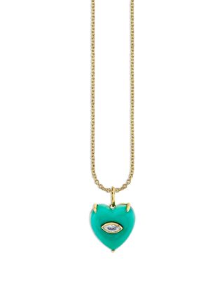 Sydney Evan 14K Yellow Gold Turquoise & Diamond Heart Pendant Necklace  16-18
