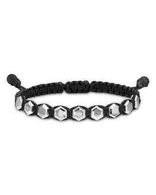 Mens Faceted Woven Bracelet in Sterling Silver with Black Nylon and Black Onyx  8mm
