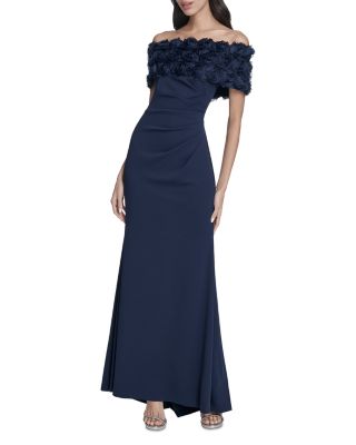 Click here for Eliza J Off-the-Shoulder Side Tuck Gown prices