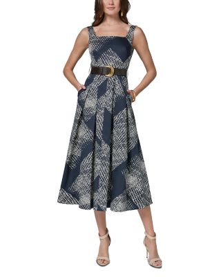 Click here for Donna Karan Printed Square Neck Belted Midi Dress prices