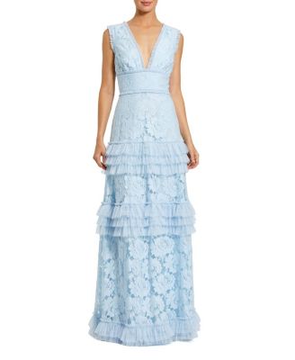 Click here for Mac Duggal V Neck Lace Tiered Ruffle Gown prices