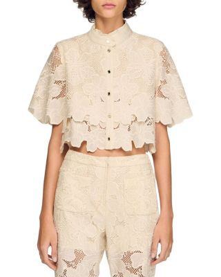 Click here for Sandro Ame Cropped Floral Guipure Lace Shirt prices