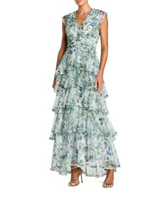 Click here for Mac Duggal Floral V Neck Tiered Ruffle Maxi Dress prices