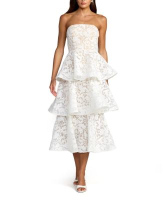 Click here for Mac Duggal Strapless Lace Tiered Floral Detail Mid... prices
