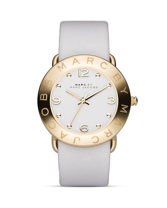 MARC JACOBS MARC BY Amy Gold & White Leather Strap Watch, 36mm ...