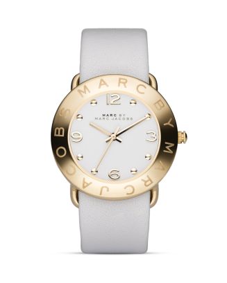 MARC JACOBS MARC BY Amy Gold & White Leather Strap Watch, 36mm ...