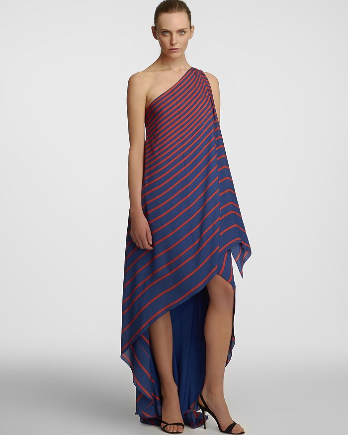 HALSTON HERITAGE HALSTON Striped Draped Dress - One Shoulder ...