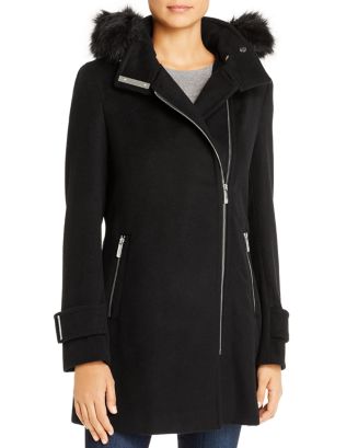 Calvin Klein Faux Fur Trim Wool-Blend Coat | Bloomingdale's