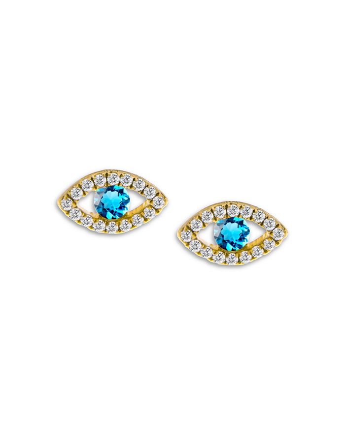 Meira T 14K Yellow Gold Blue Topaz & Diamond Evil Eye Stud Earrings ...