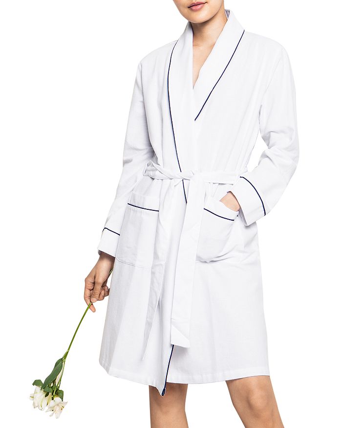 Petite Plume White Cotton Flannel Robe With Navy Piping | Bloomingdale's