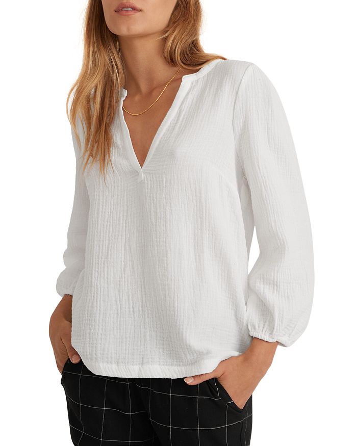 Marine Layer Banded Cotton Split Neck Top | Bloomingdale's