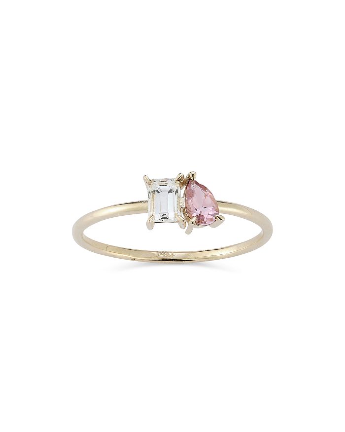Moon & Meadow 14K Yellow Gold Double Stone Ring with White Topaz & Pink ...