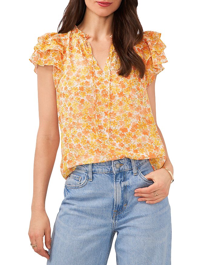 1.STATE Flutter Sleeve Tie Neck Floral Top | Bloomingdale's