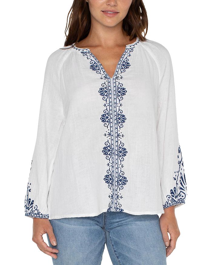 Liverpool Los Angeles Embroidered Split Neck Top | Bloomingdale's