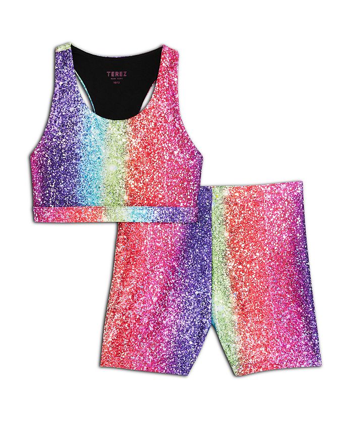 Terez Girls' Rainbow Glitter Sports Bra & Shorts Set - Little Kid, Big ...