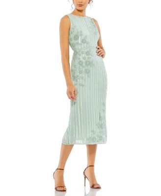 Mac Duggal Striped Floral Embellished Sleeveless Midi Dress