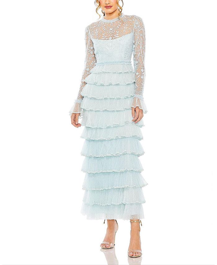 Mac Duggal Embroidered Long Sleeve Ruffled Tiered Dress | Bloomingdale's