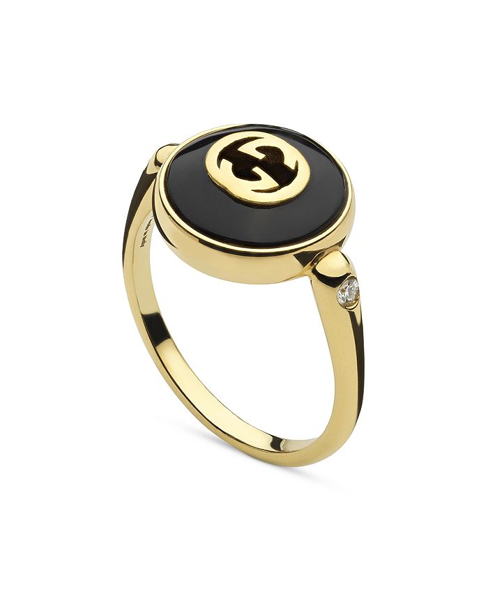 Gucci 18K Yellow Gold Interlocking Diamond & Black Onyx Ring ...