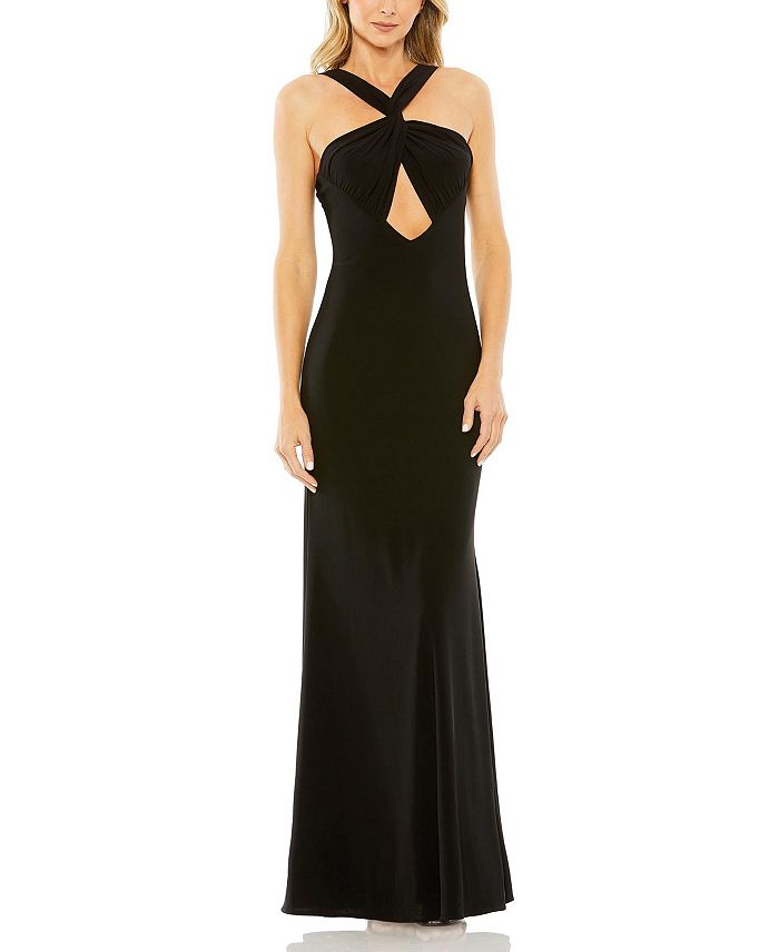 Mac Duggal Knotted Detail Halter Neck Keyhole Cutout Jersey Gown ...