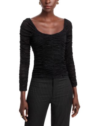 AQUA Mesh Lace Ruched Long Sleeve Top - Exclusive | Bloomingdale's