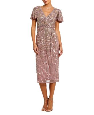 Mac Duggal Womens Embellished Faux Wrap Flutter Sleeve Dress - Vintage lilac