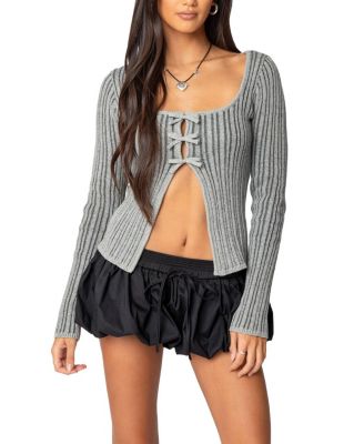 Click here for Edikted Bowtie Split Front Knit Top prices
