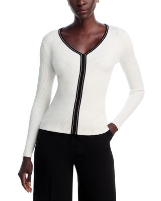Click here for T Tahari Long Sleeve V Neck Striped Ribbed Sweater prices