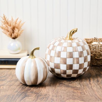 MacKenzie-Childs Classic Mocha Stripe Small & Check Medium Pumpkin Set ...