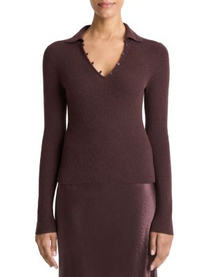 Click here for Vince Cashmere Silk Ribbed Button Loop Polo Top prices