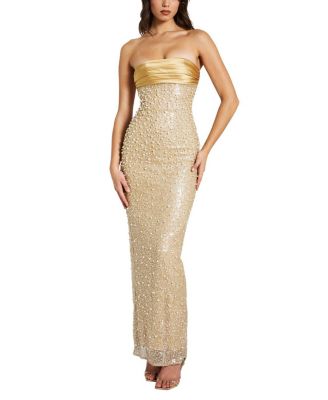 Click here for Miss Circle Lainey Satin Sequin Beaded Maxi Dress prices