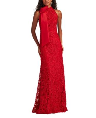Click here for Tadashi Shoji Iria Shoulder Bow Lace Halter Gown prices
