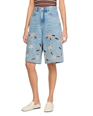 Click here for Sandro Embroidered Denim Bermuda Shorts in Blue Je... prices