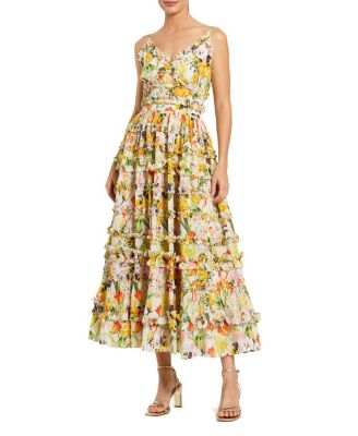 Click here for Mac Duggal Floral Print Ruffle Tiered Midi Dress prices
