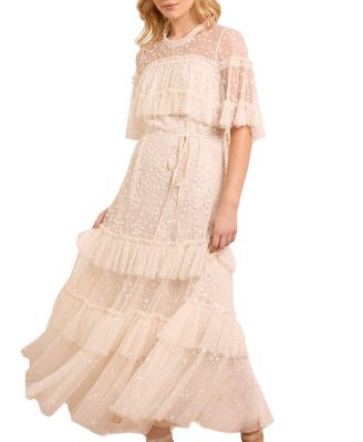Click here for Needle & Thread Leila Dot Tiered Cape Ankle Gown prices
