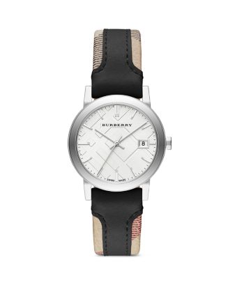 Burberry Leather & Check Strap Watch, 34mm | Bloomingdale's