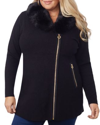 Belldini Plus Faux-Fur Collared Asymmetric Coat | Bloomingdale's