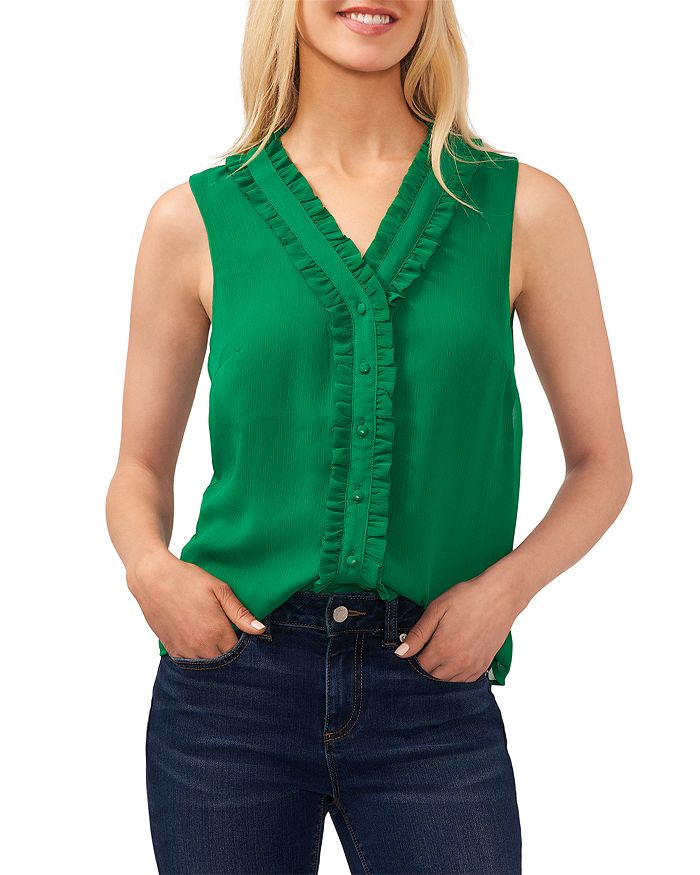 CeCe V Neck Ruffled Button Front Top | Bloomingdale's